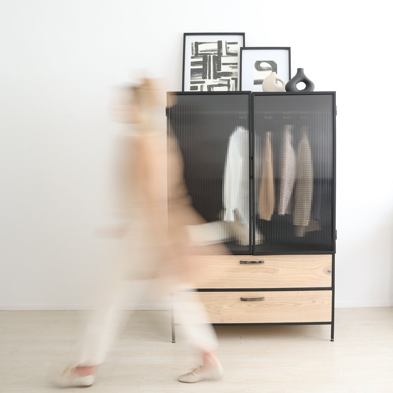 Reeded Glass Wardrobe with Wooden Drawers - Studio Delta