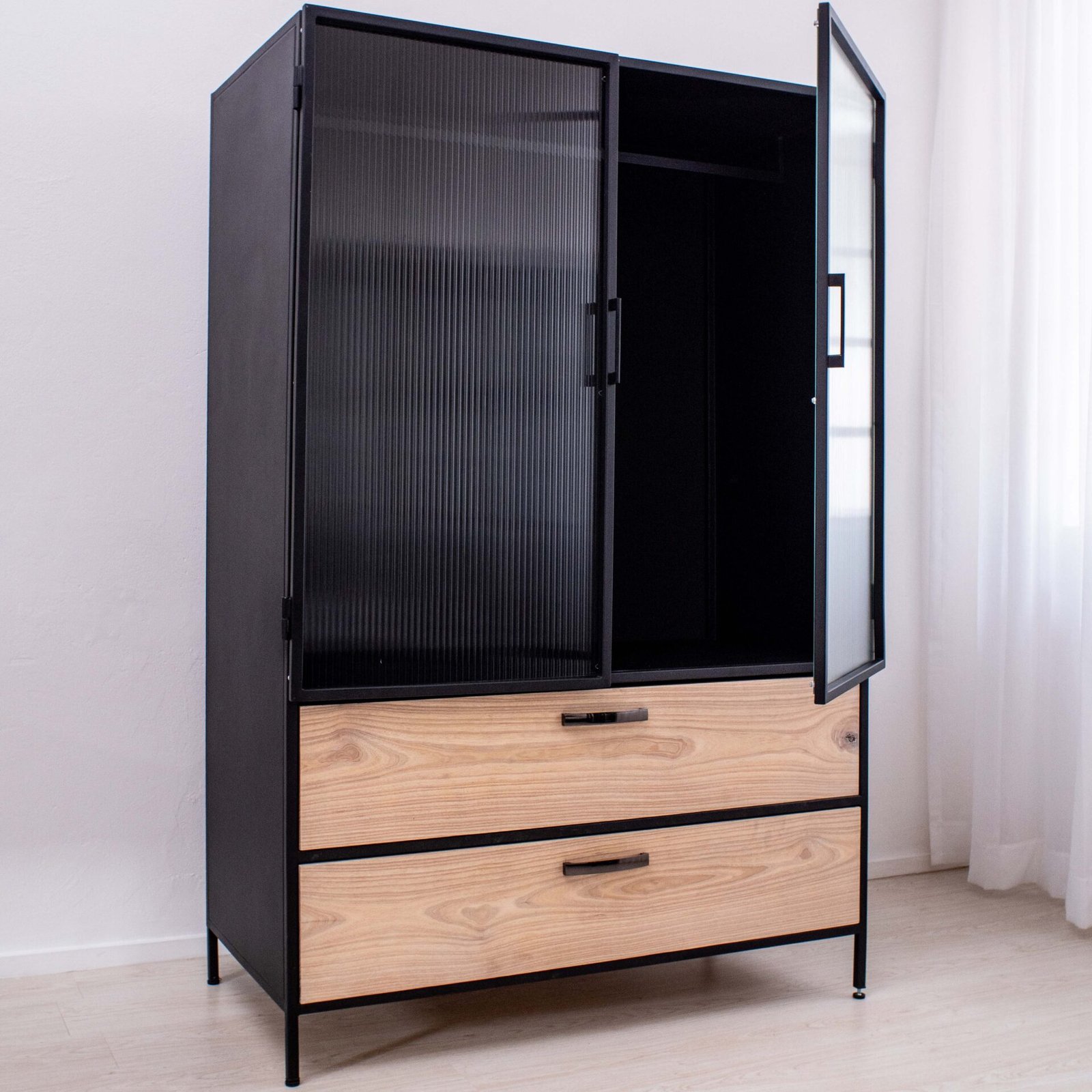 Reeded Glass Wardrobe with Wooden Drawers - Studio Delta