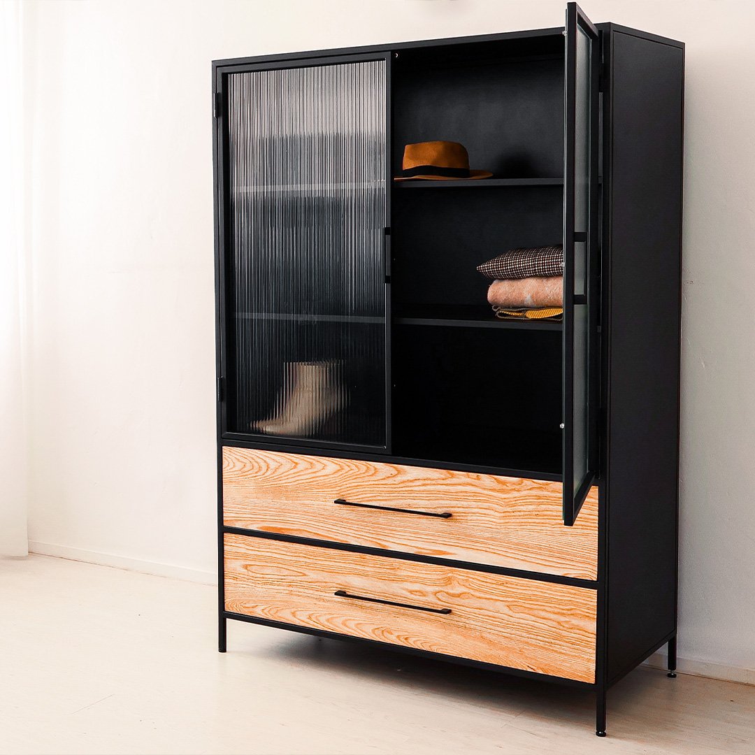 Reeded Glass Wardrobe with Wooden Drawers - Studio Delta