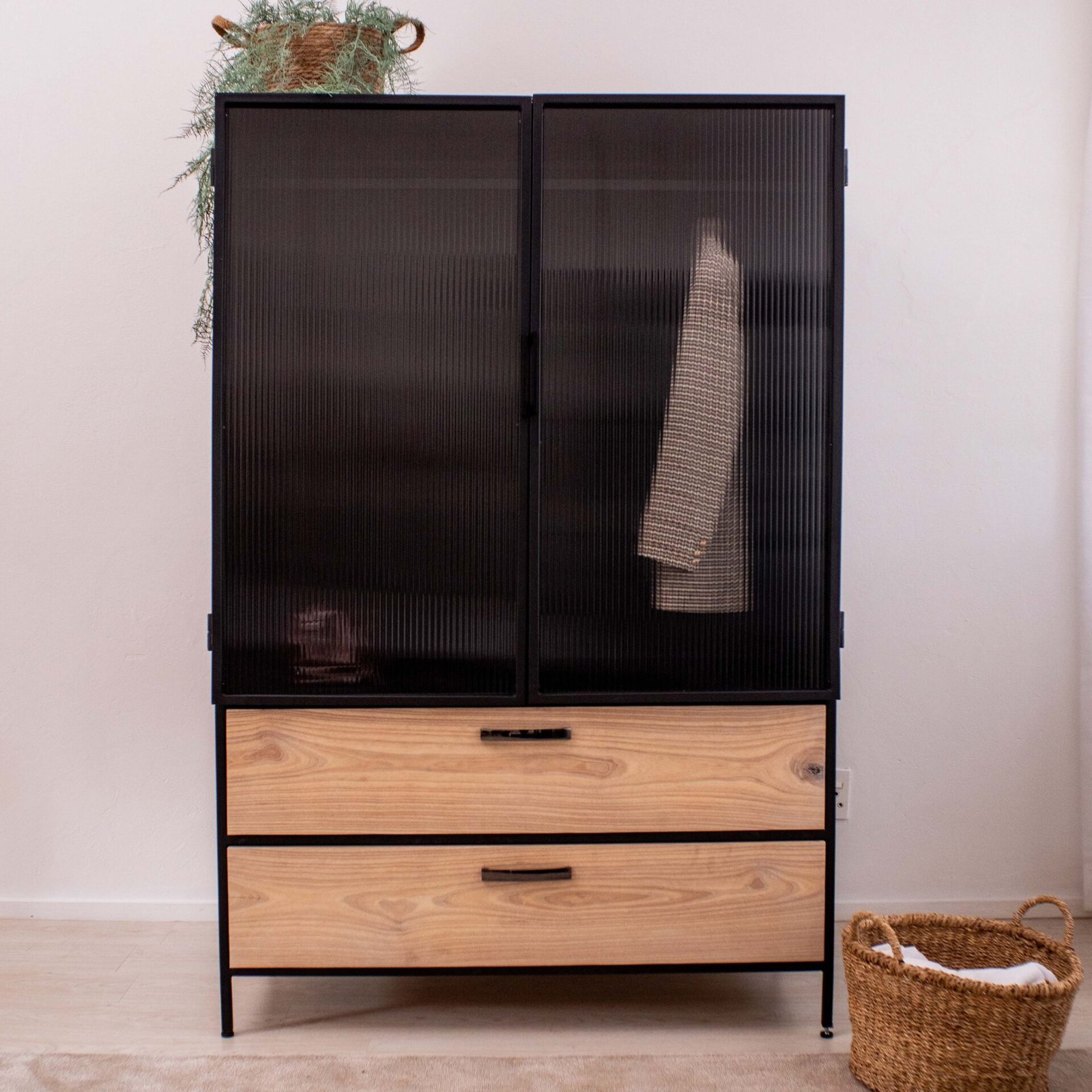 Reeded Glass Wardrobe with Wooden Drawers - Studio Delta